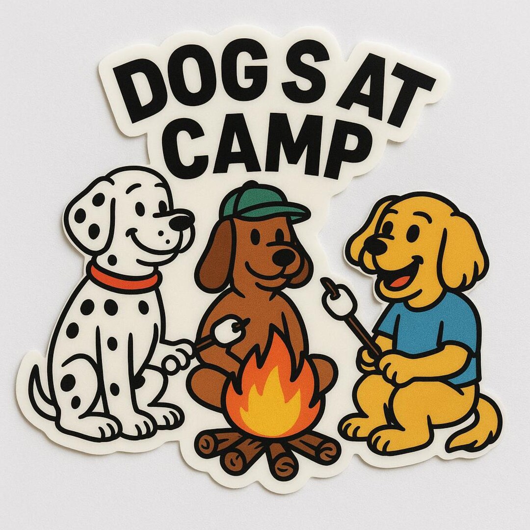 Dogs at Camp Sticker – Cute Cartoon Dogs Roasting Marshmallows, Funny ...