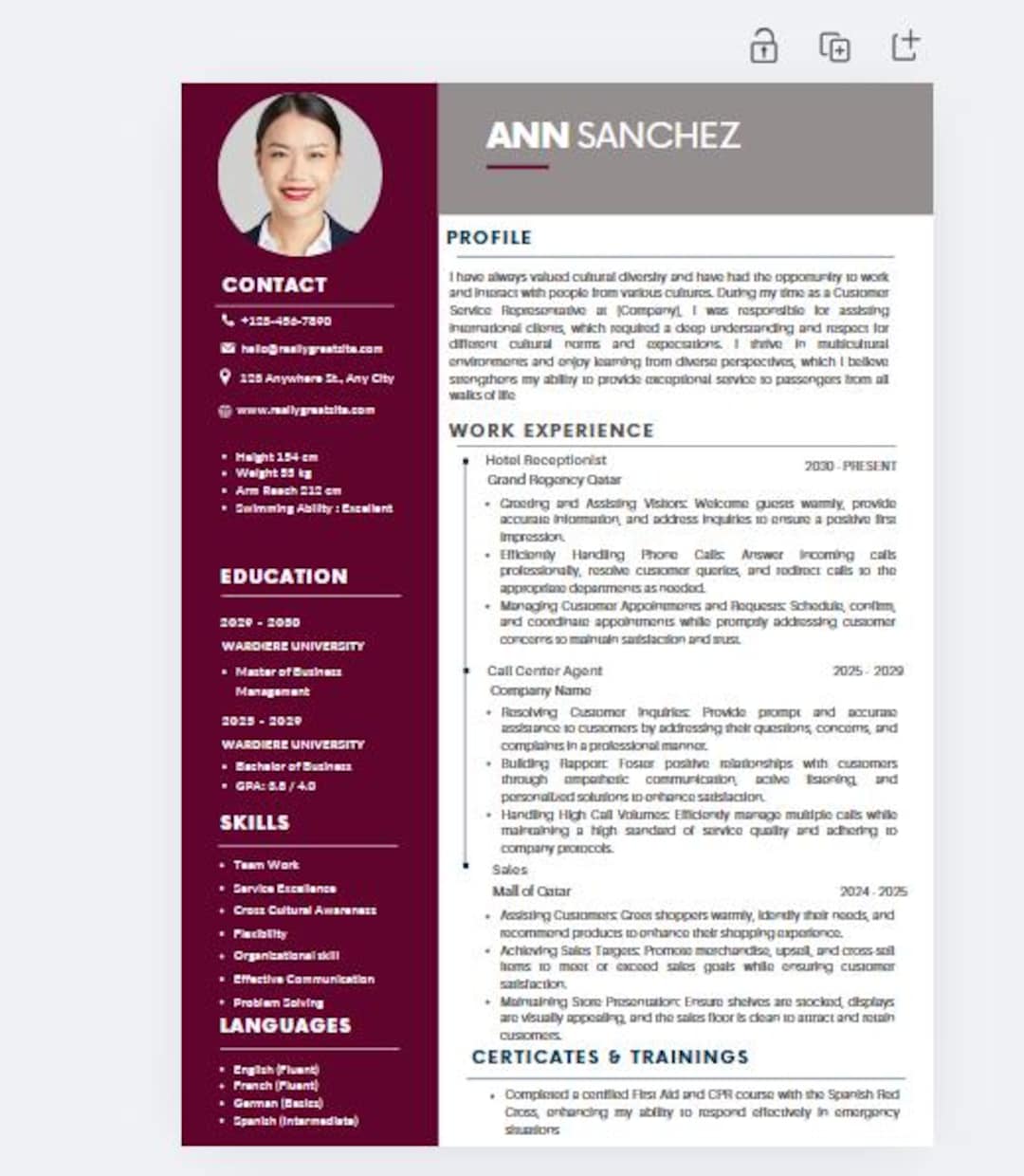 Qatar Airways Cabin Crew CV Template - Etsy