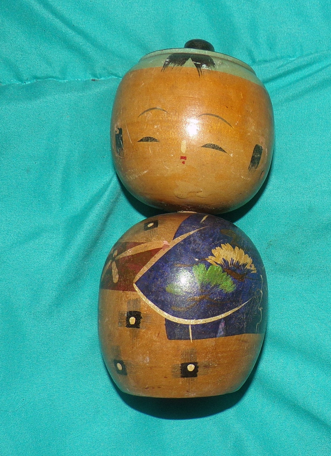Vintage Japanese Bobblehead Kokeshi Doll Wooden Purple With Yellow ...