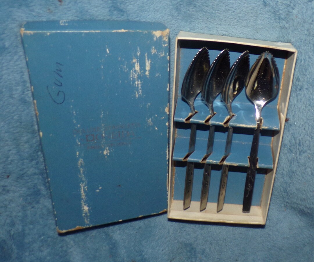 Vintage Deluxe Stainless Oneida Fruit Spoon Rose Design in Original Box ...