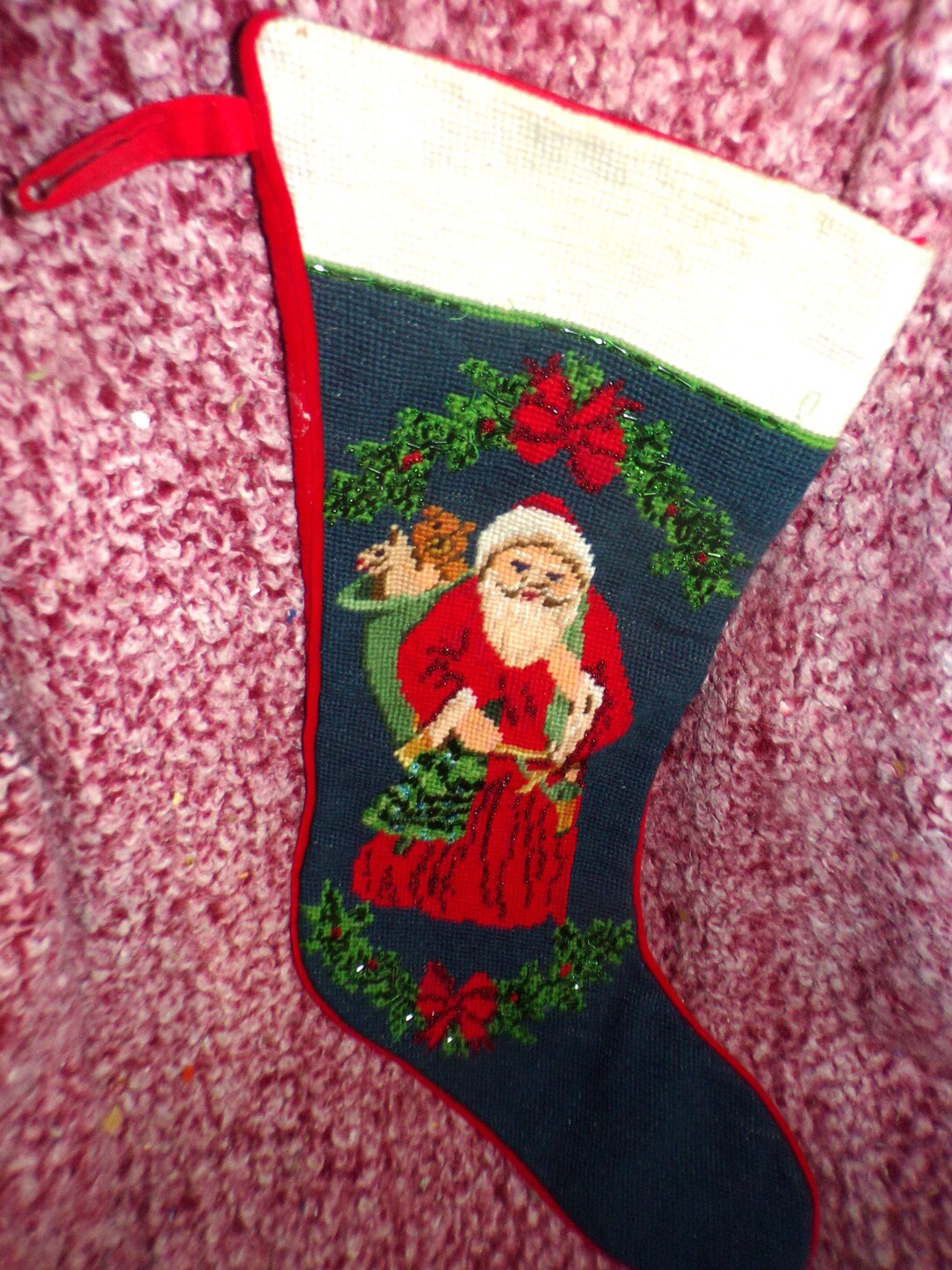 Vintage Needlepoint Christmas Stocking Stocking Woodland Santa Squirrel ...