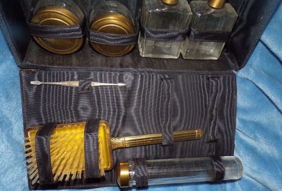 vintage antique leather travel kit case with brush co… - Gem