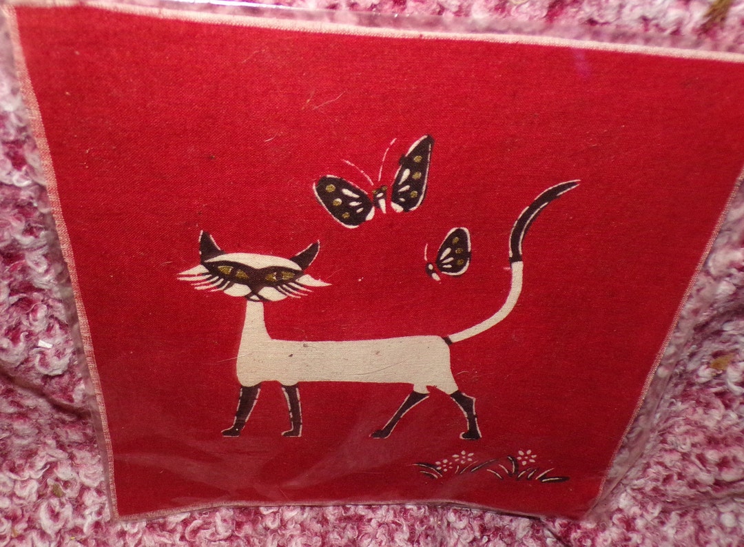 Vintage 9x9 Japanese Dyeing Picture Siamese Cat With Butterflies on Red ...