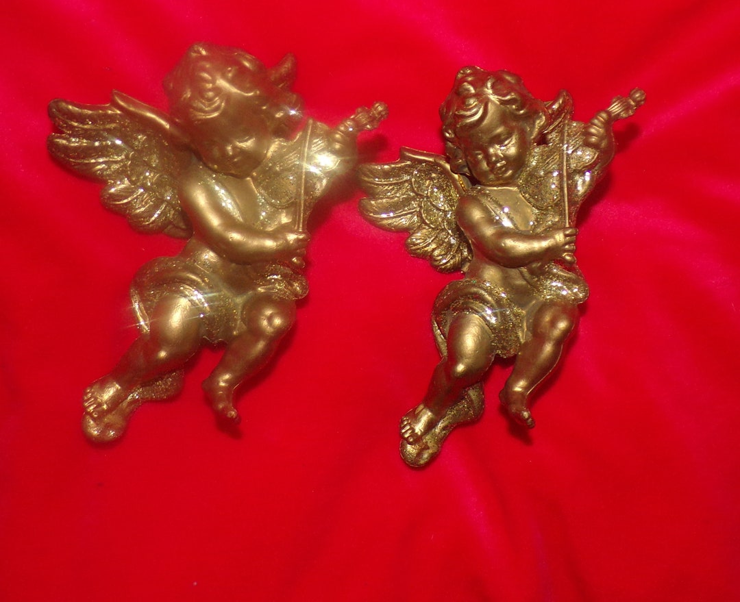 Vintage Cherubs Playing Violins Gold Tone With Glitter Accents ...