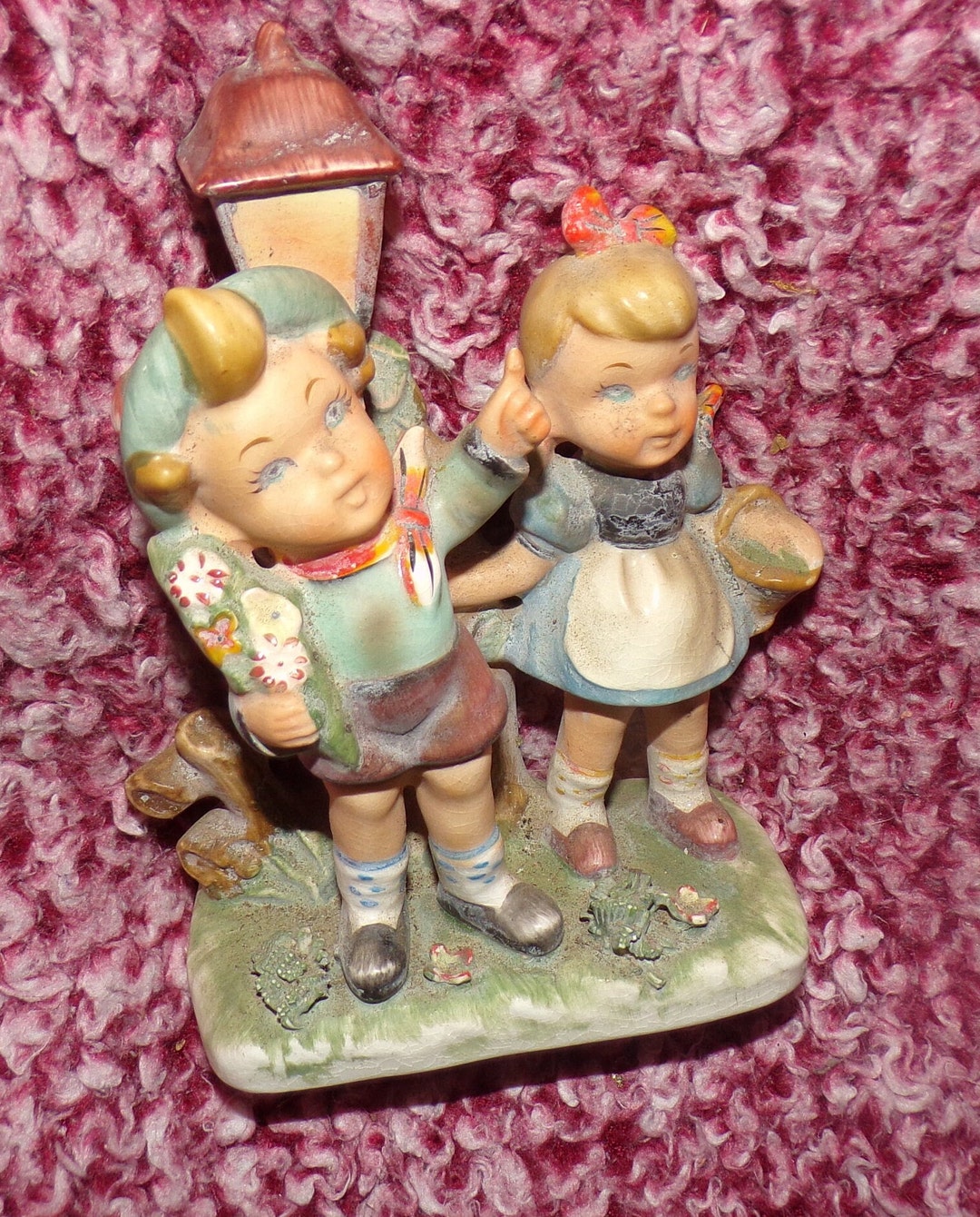 Vintage Sun Boy and Girl at Lamp Post Antique Figurine With Sun Sticker ...
