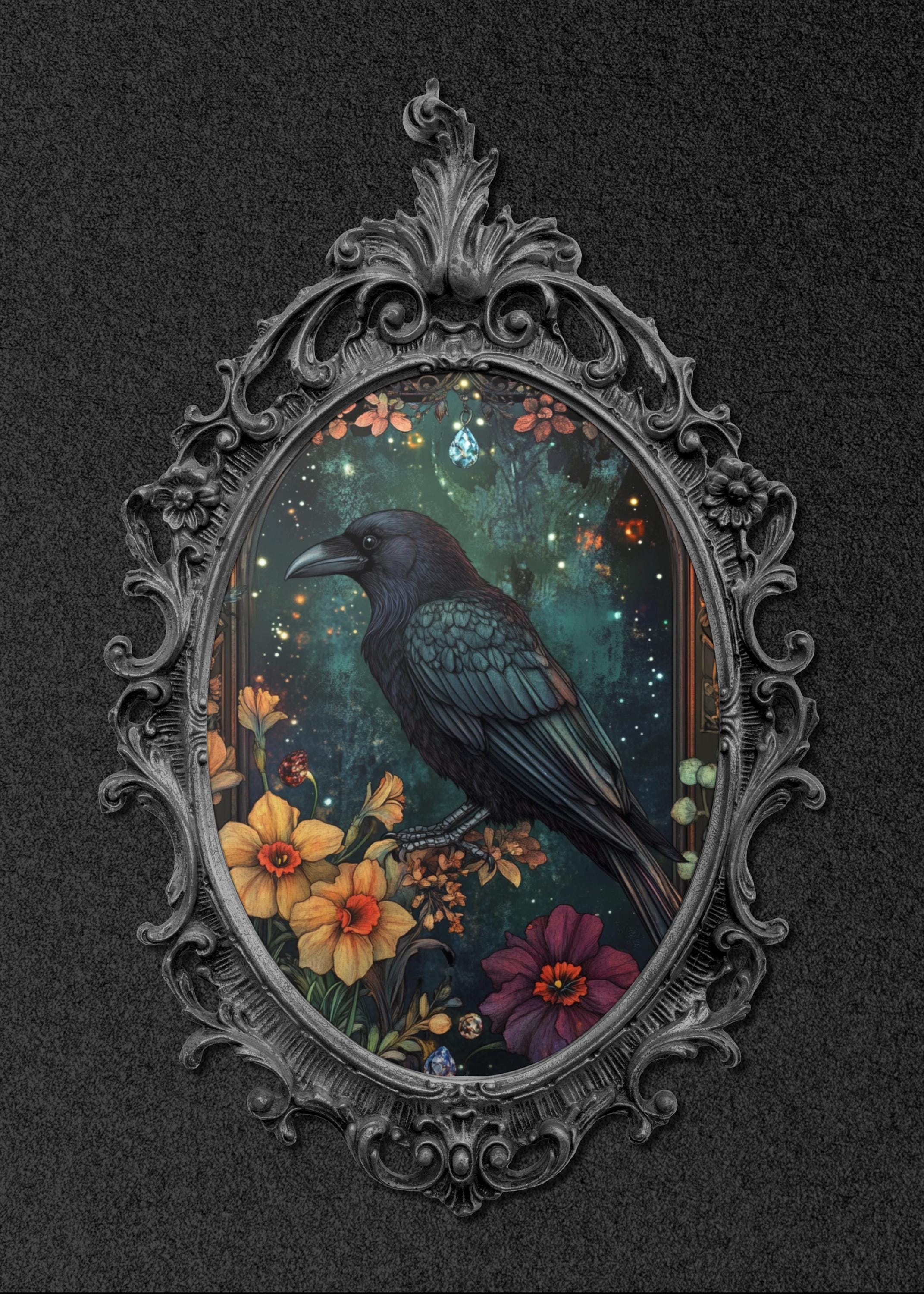 Gothic Raven Art Print, Dark Floral Wall Art, Celestial Crow Digital ...