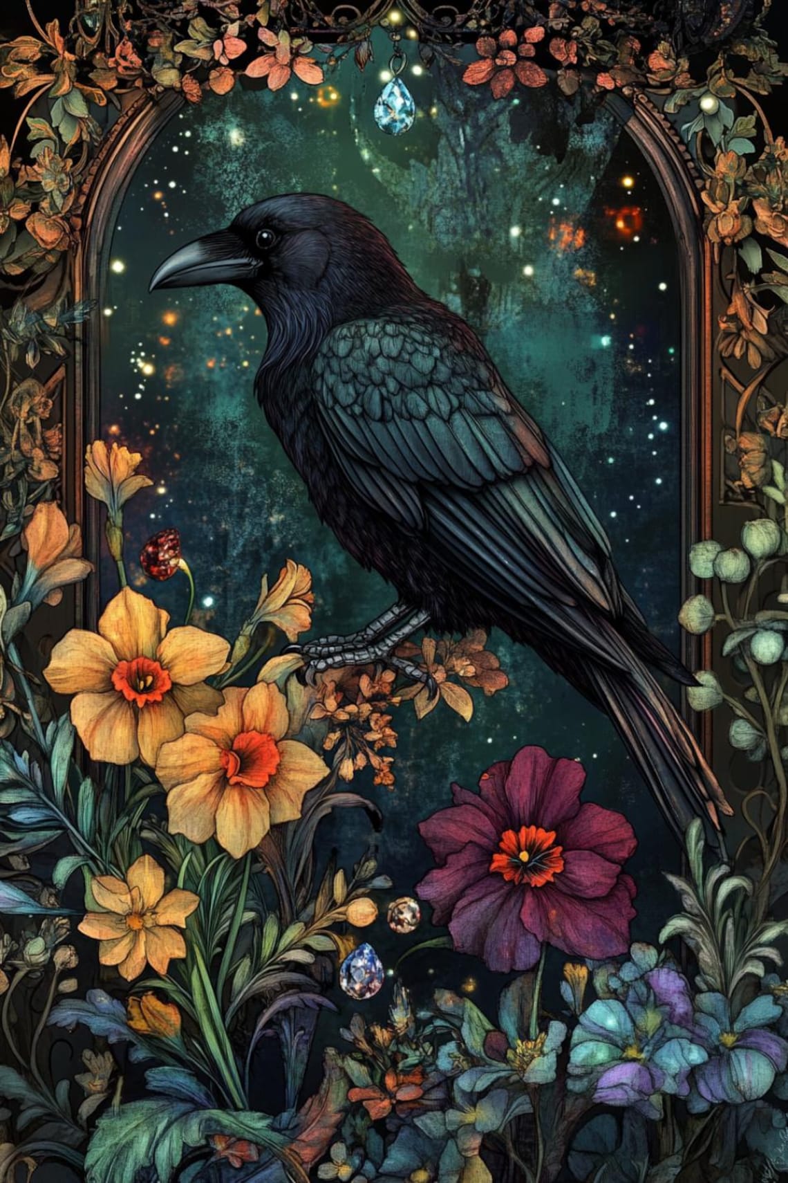 Gothic Raven Art Print, Dark Floral Wall Art, Celestial Crow Digital ...
