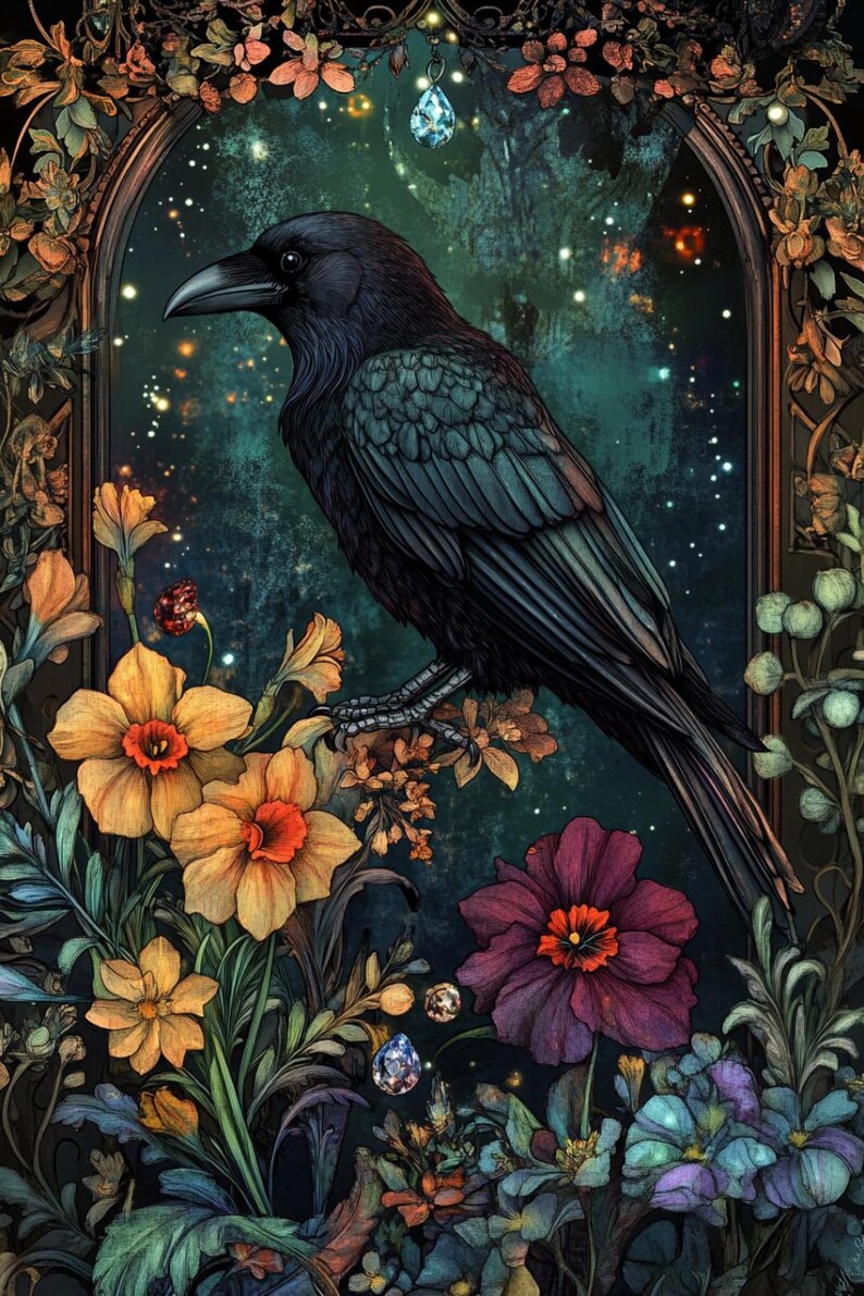 Gothic Raven Art Print, Dark Floral Wall Art, Celestial Crow Digital ...