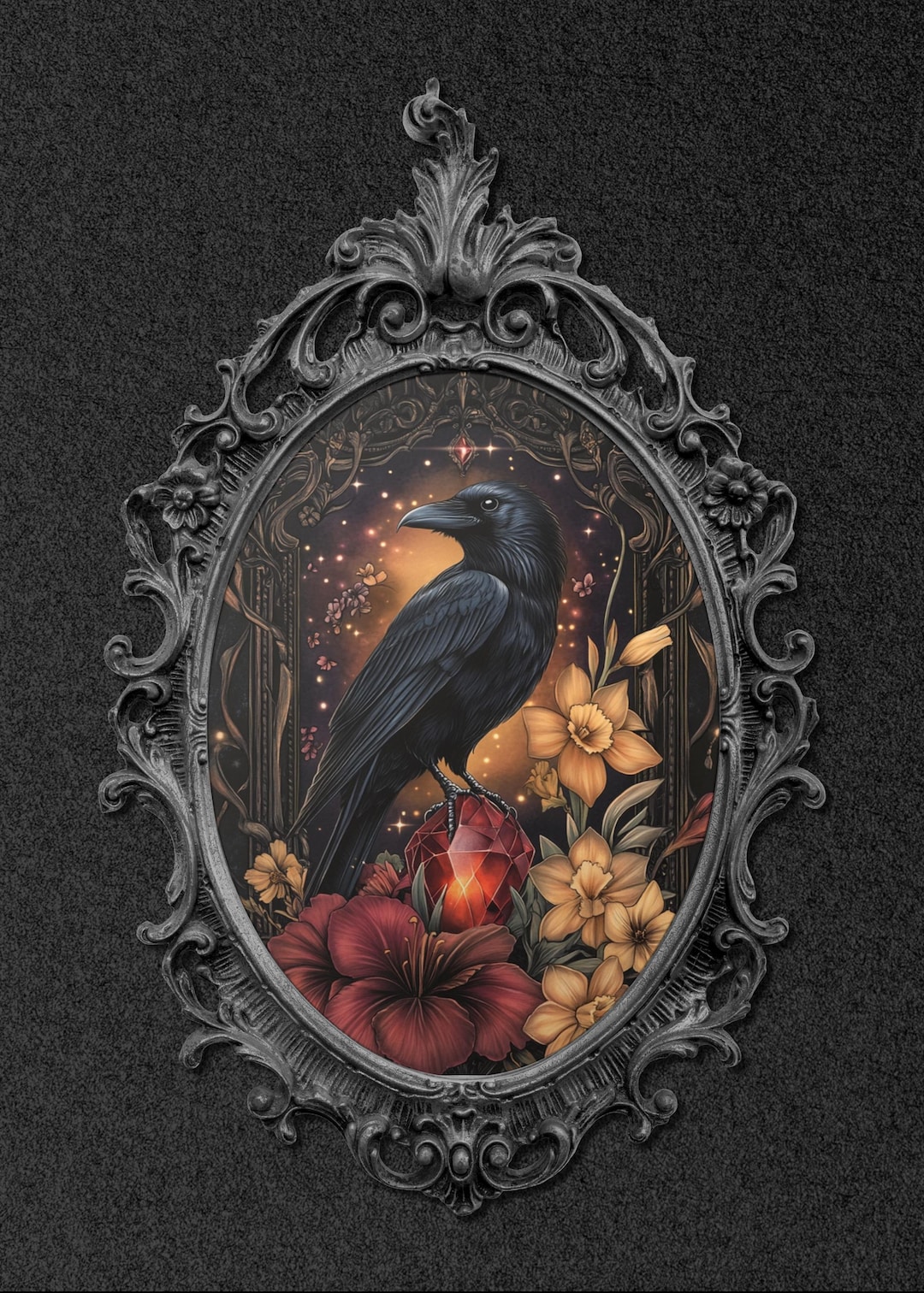 Gothic Raven Crystal Art, Dark Floral Wall Print, Mystical Crow Digital ...