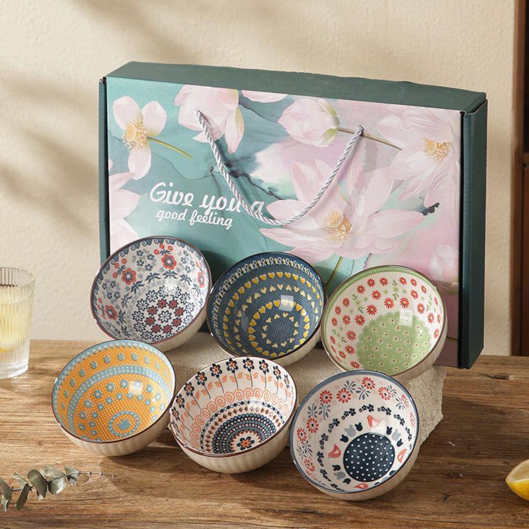 Hand Painted Ceramic Bowls, Colorful Rice Bowl Set of 6, Handmade ...