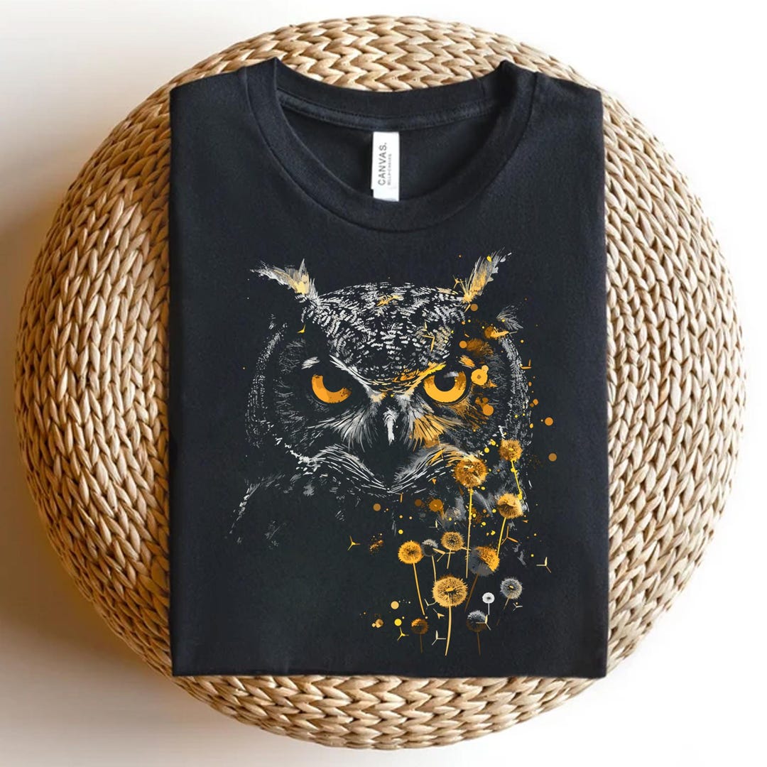 Mystical Owl Graphic Tee, Black Owl Shirt With Floral Gold Accents ...