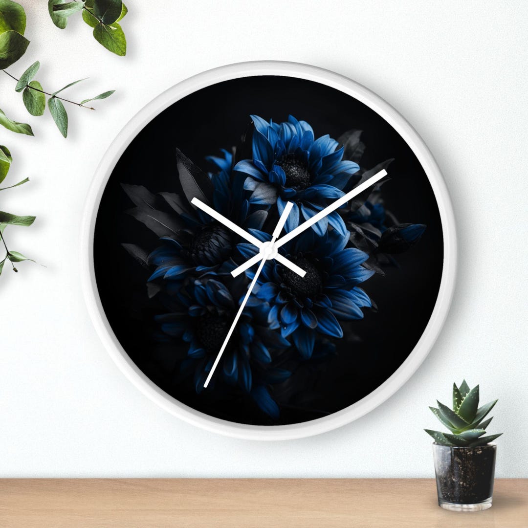 Floral Wall Clock, Moody Flower Clock, Beautiful Black and Blue Flowers ...