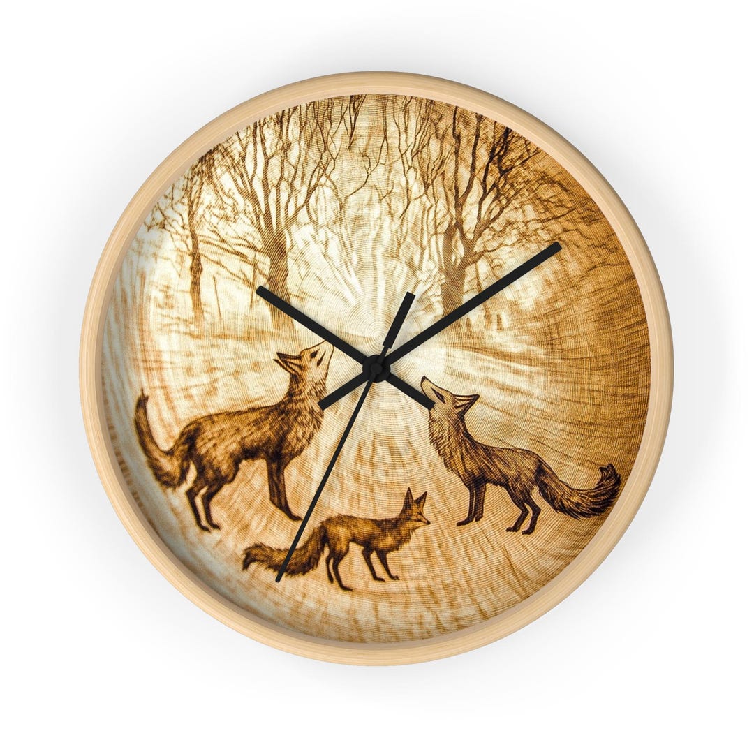 Fox Family Natural Wood Style Wall Clock, Colorful Arsty Woodsy ...