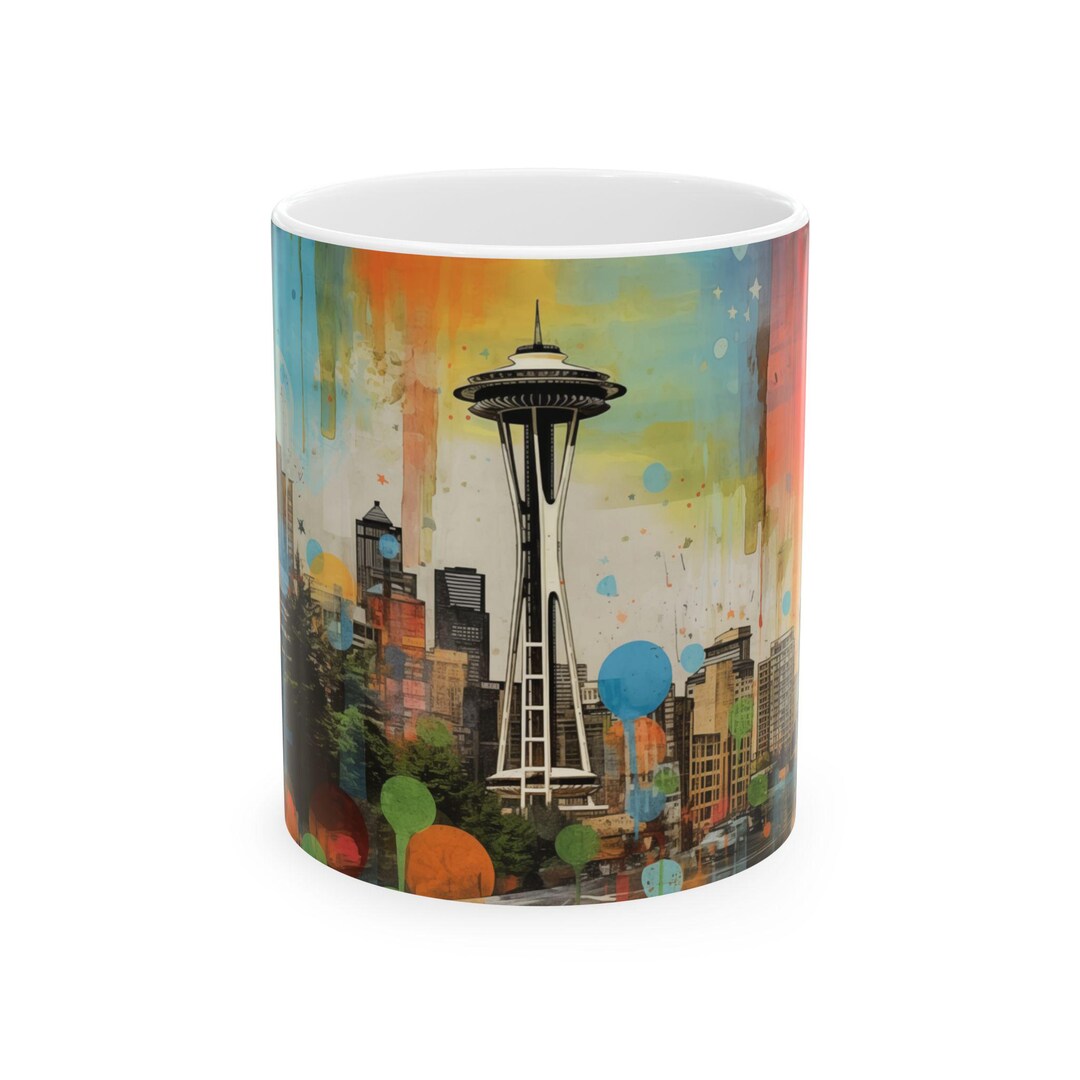Seattle Ceramic Mug, Colorful Watercolor Drip Style, West Coast ...