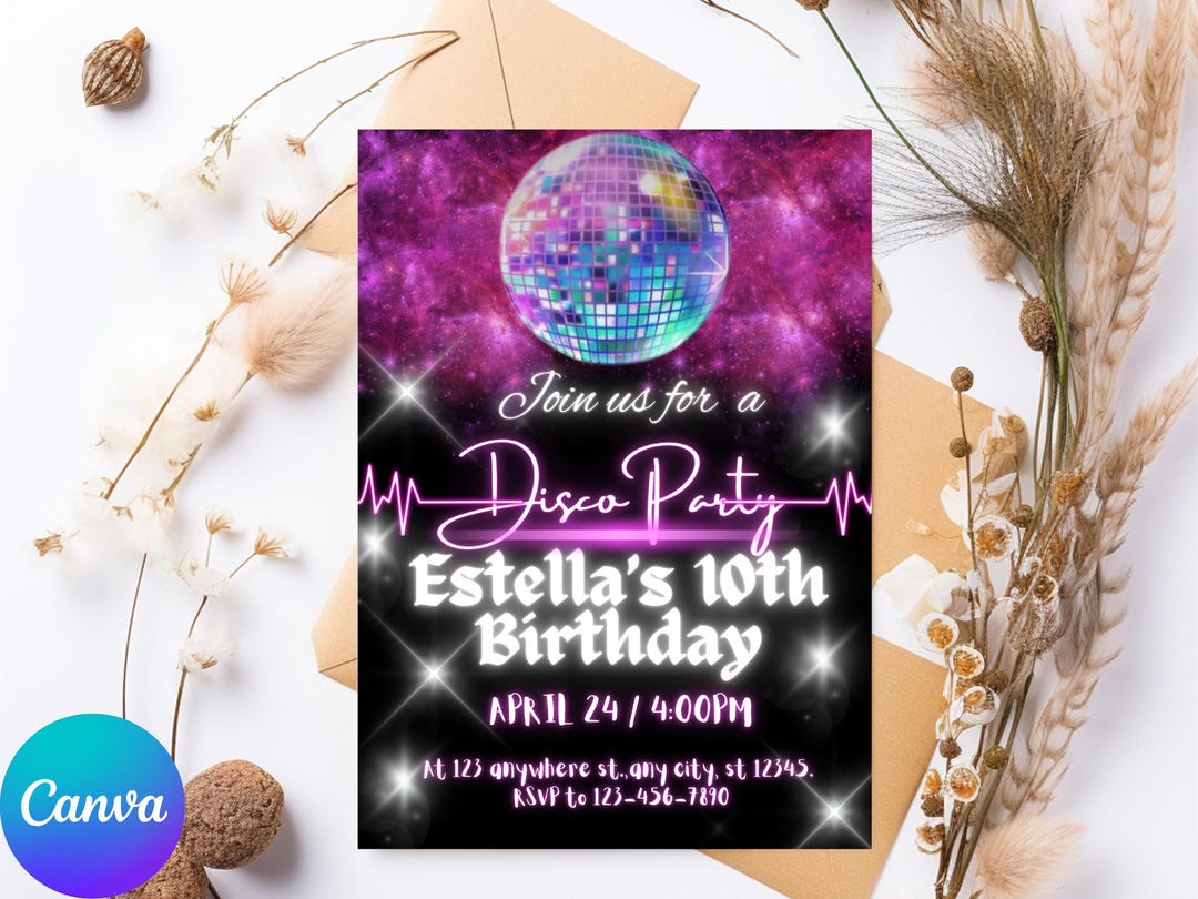 Editable Disco Party Invitation Minimalist Personalized Invitation Neon ...