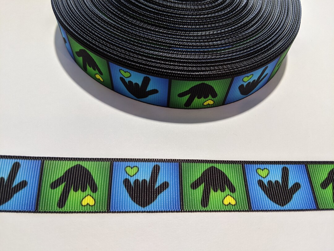 ASL I Love You Heart Grosgrain Ribbon: Blue & Green Trim 7/8" Wide - 3 ...