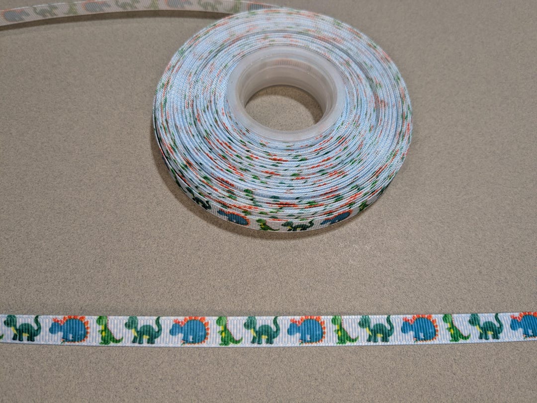 3 Yards of 3/8 Inch Wide Ribbon, Light Blue With Dinosaurs Ribbon, T ...