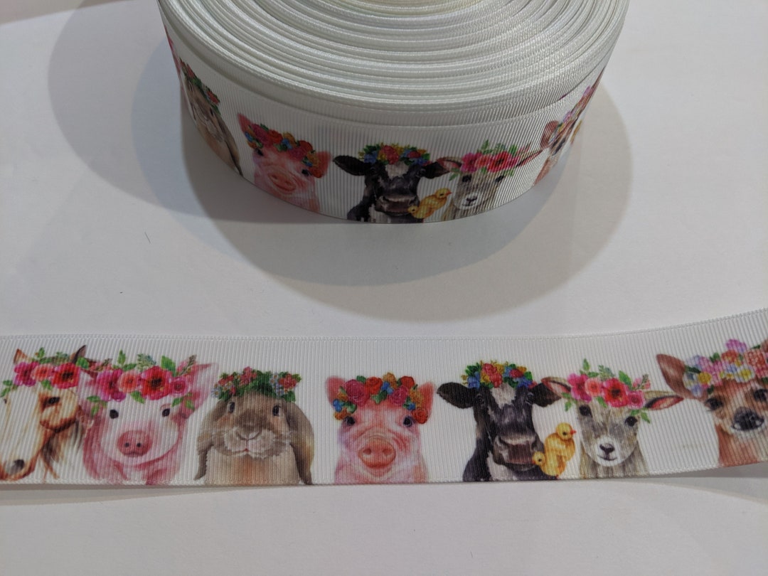 Farm Animals Grosgrain Ribbon: Floral Crowned Cow, Pig, Goat, Sheep - 1 ...