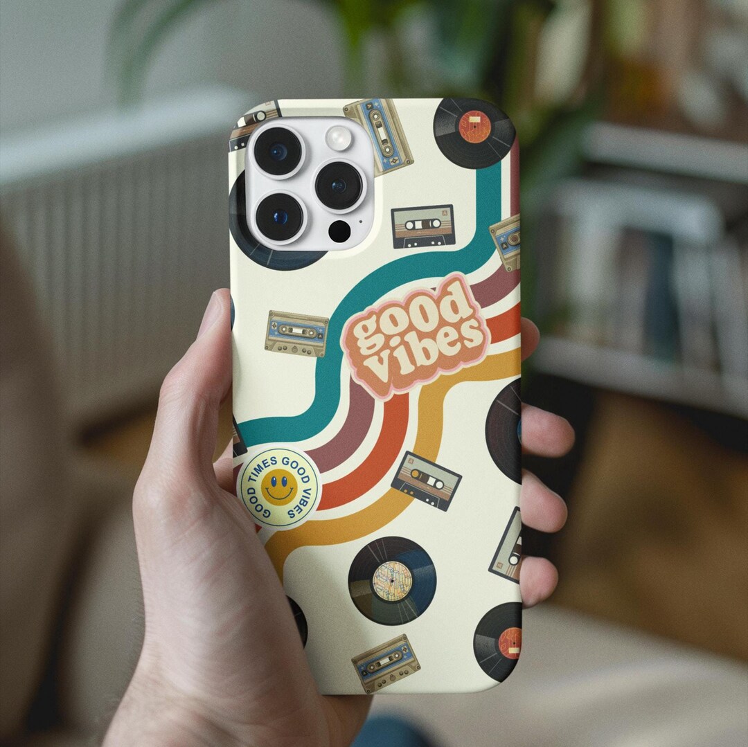 Retro Music Phone Case - Wavy 70s Lines, Cassettes & Vinyl Records ...