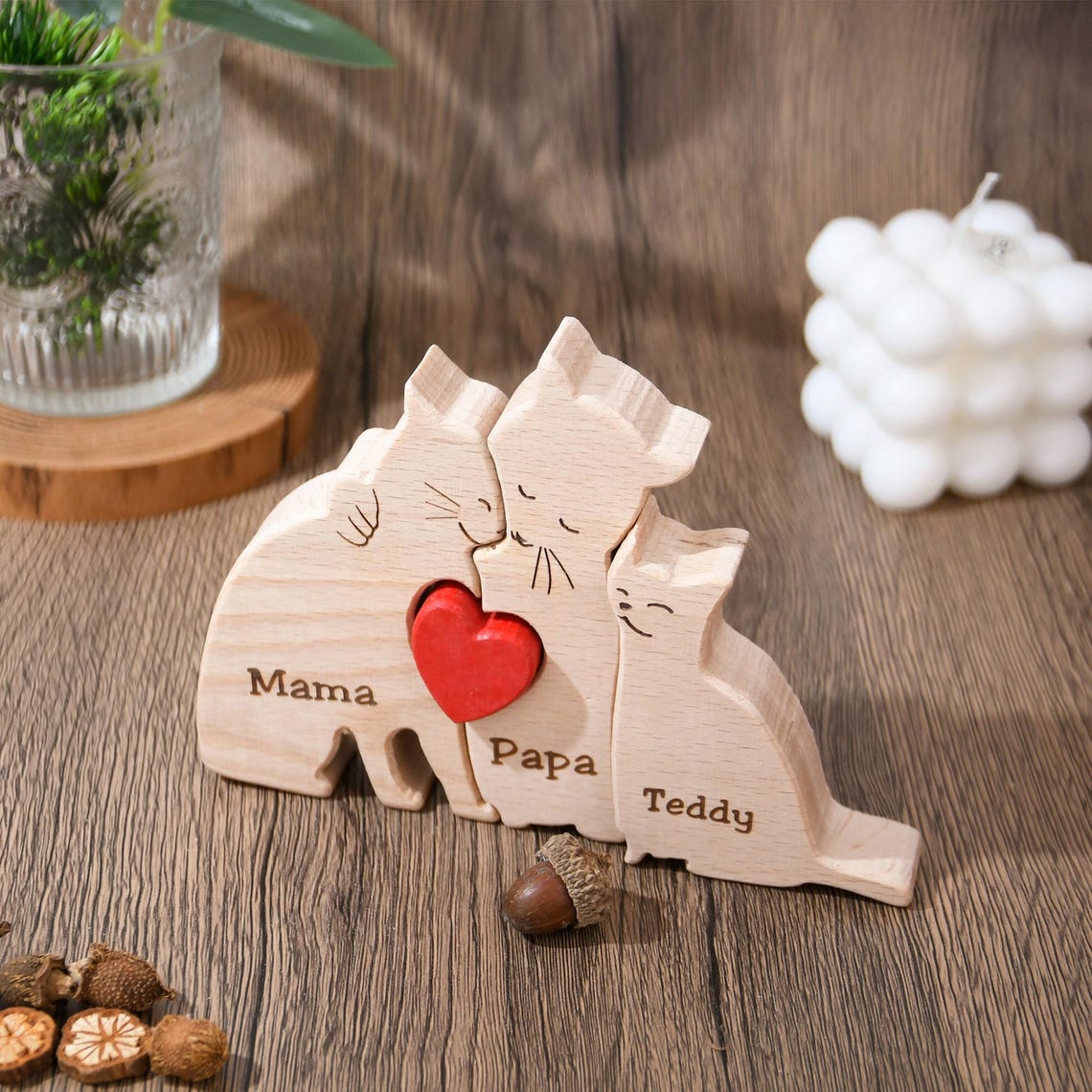Wooden Cat Family Puzzle, Engraved Name Decor, Wood Cat Figurines ...