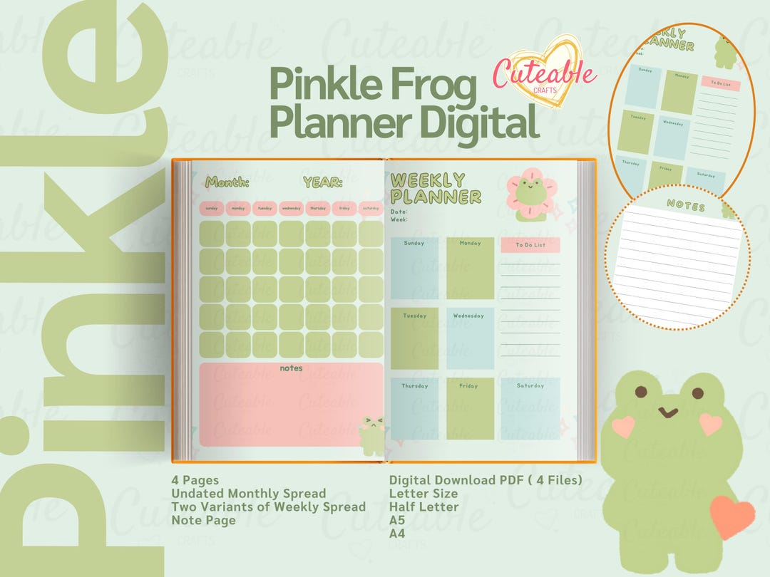 Pinkle Frog Undated Planner, Monthly Digital Planner, Digital Journal ...