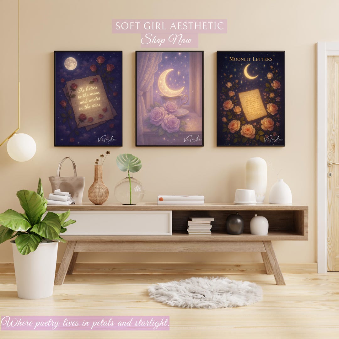 Moon and Quote Digital Art Bundle, Soft Girl Coquette Wall Decor, Night ...