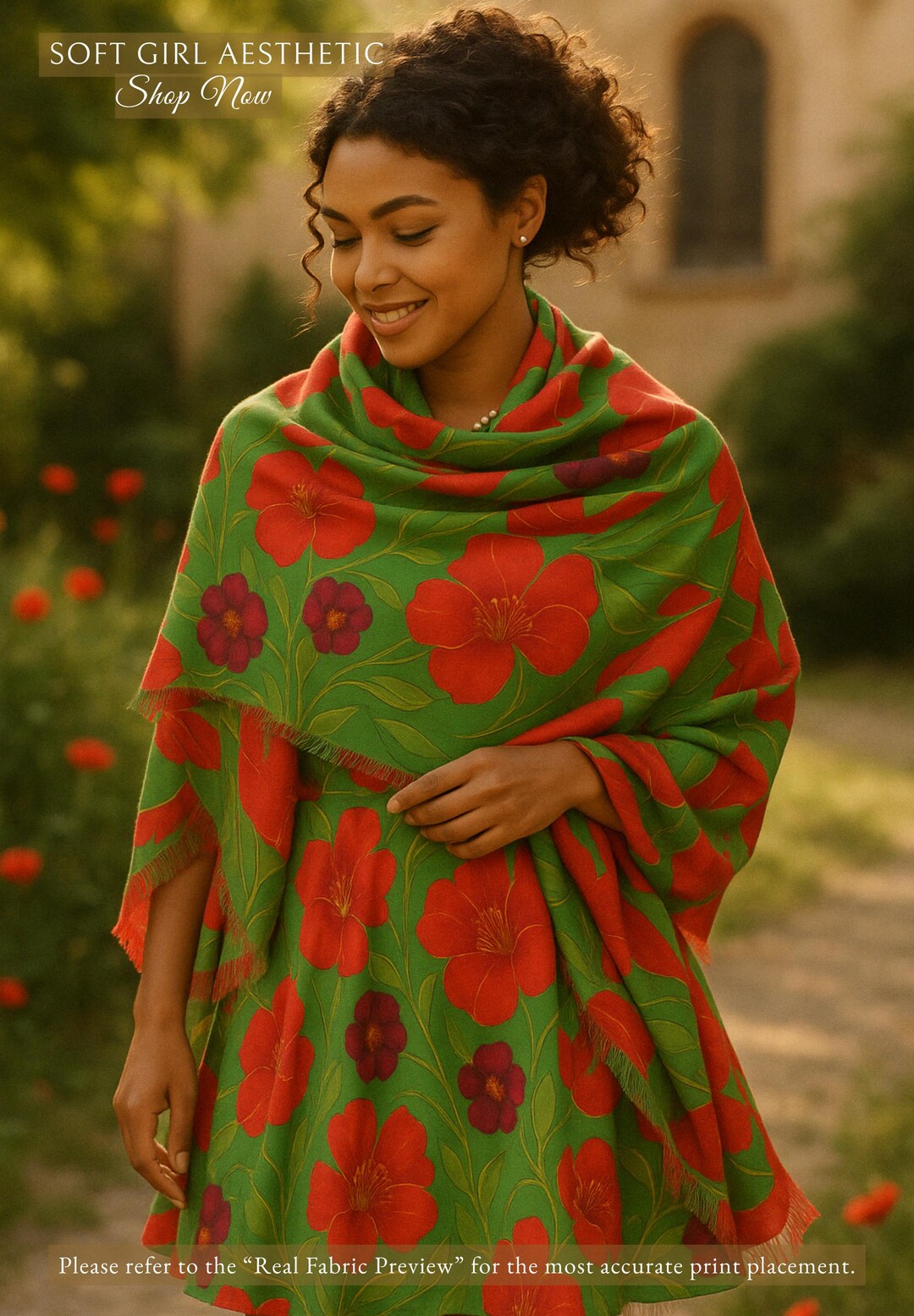 Retro Poppy Floral Scarf, Cottagecore Green Wrap, Red Flower Shawl ...