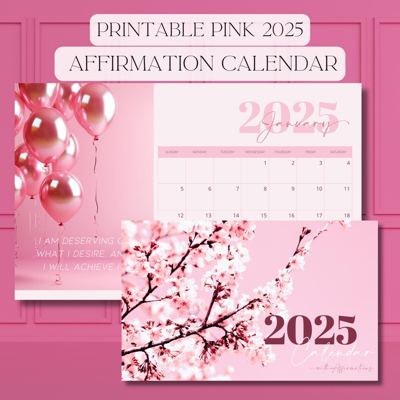 Pink 2025 Affirmation Calendar | Monthly Positive Quote Calendar | Wall ...