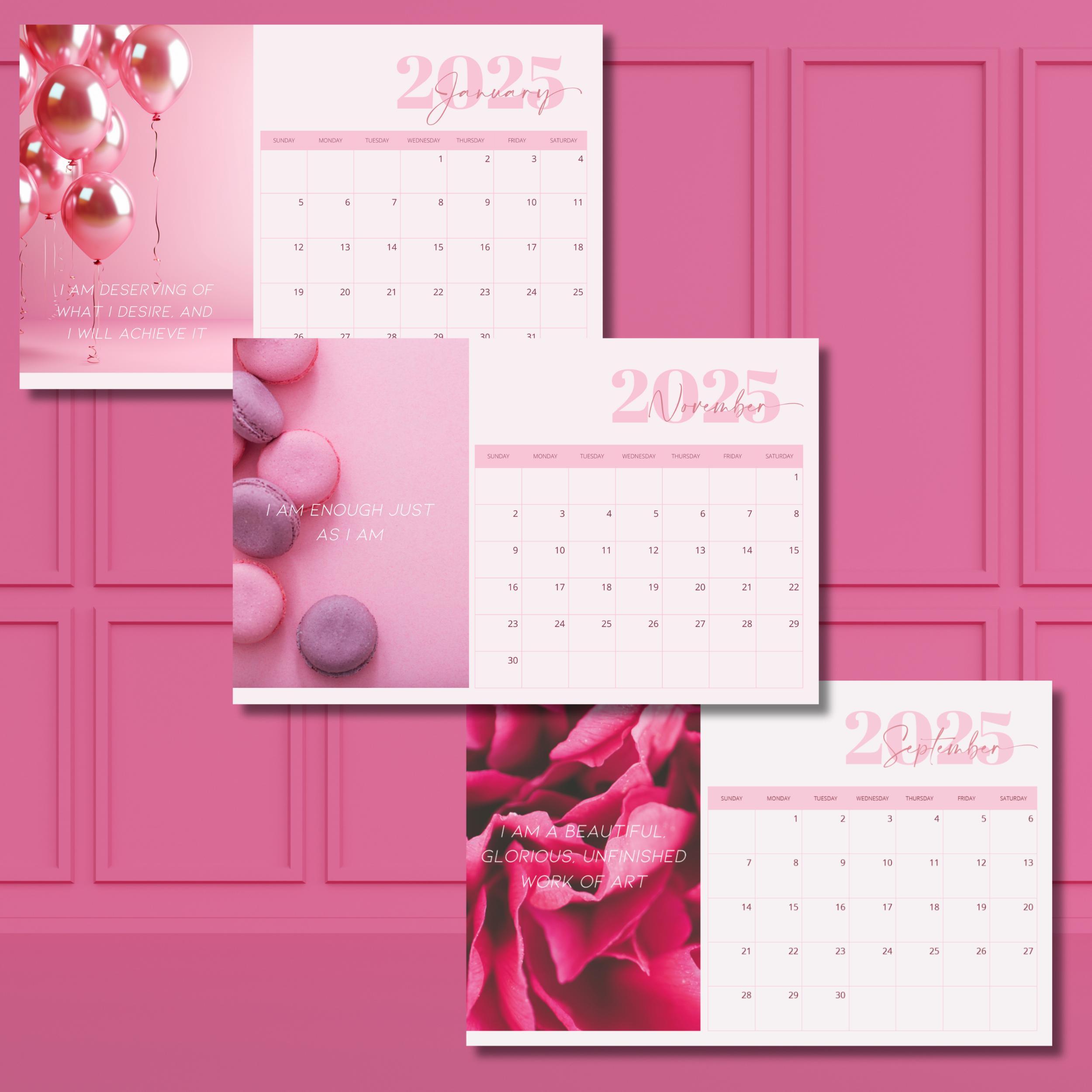 Pink 2025 Affirmation Calendar | Monthly Positive Quote Calendar | Wall ...