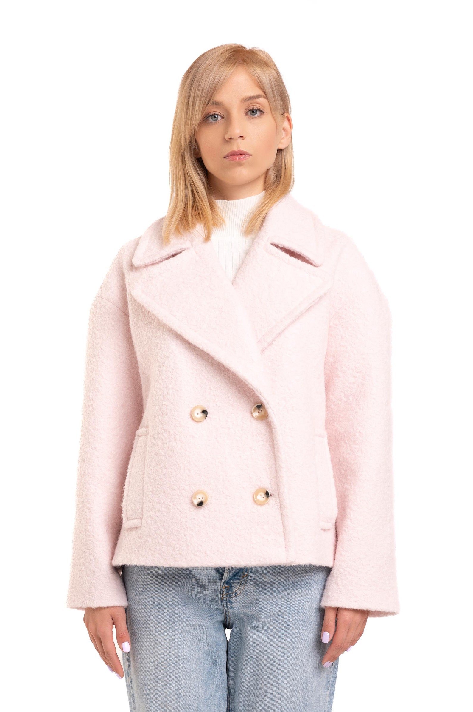 Short Wool Coat – Pink, Oversize Short Winter Women Coat – Pink, Winter ...