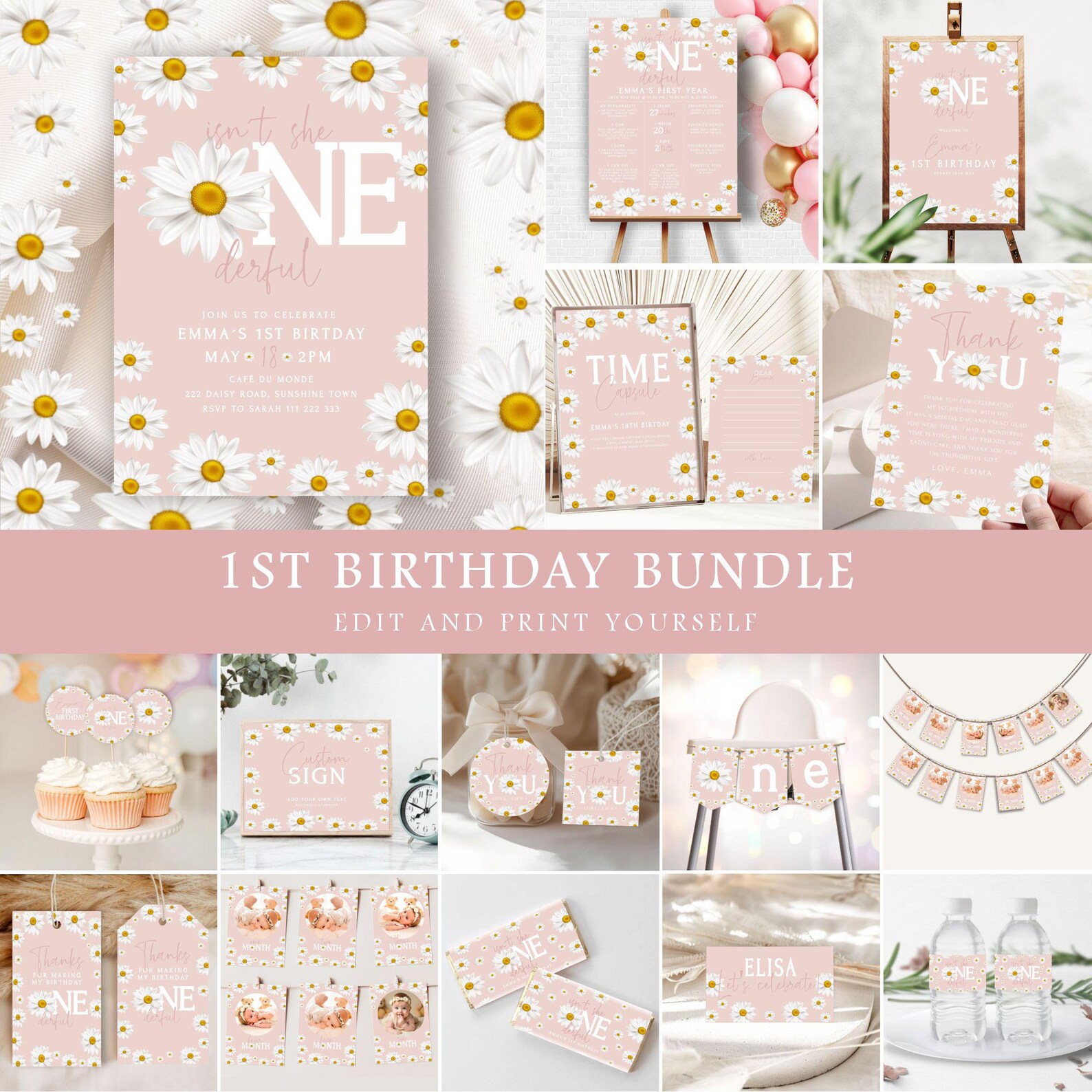 Daisy Birthday Bundle Pink, First Birthday Party Printable Invitation ...