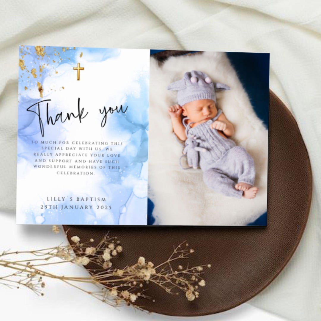 Blue & Gold Baptism Thank You Template, Printable Photo Thank You Card ...