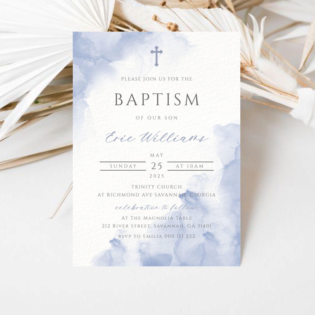 Soft Blue Baptism Invitation Template, Printable Modern Boy Christening ...