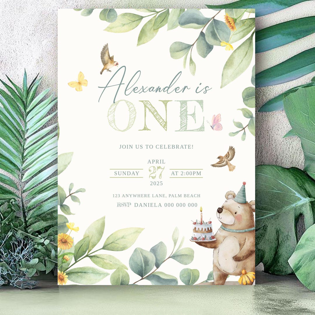Bear Birthday Invitation, Bear-y First Birthday, Bear Leafs Invitation ...