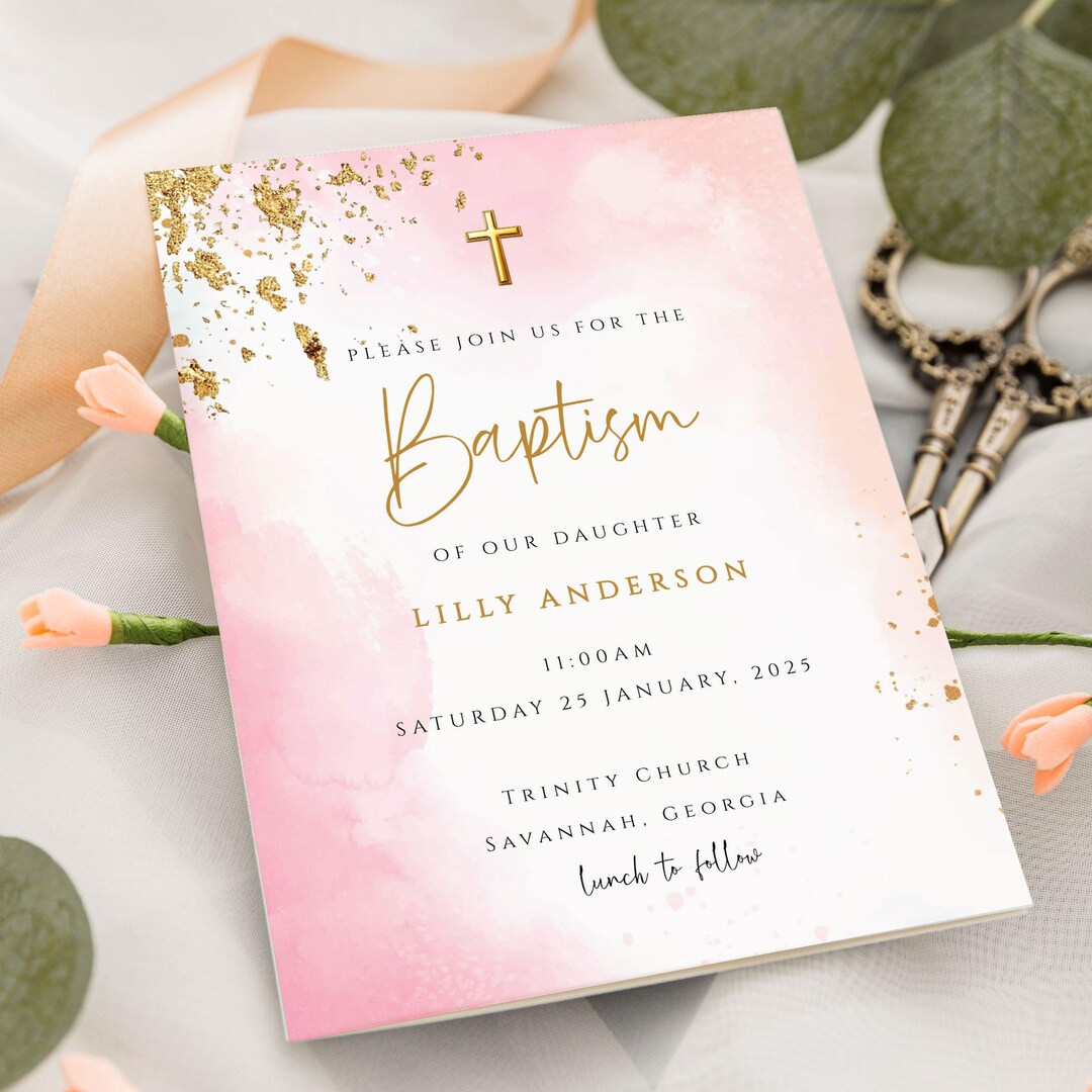 Personalized Baptism Invitation Template - Pink Christening Invite ...