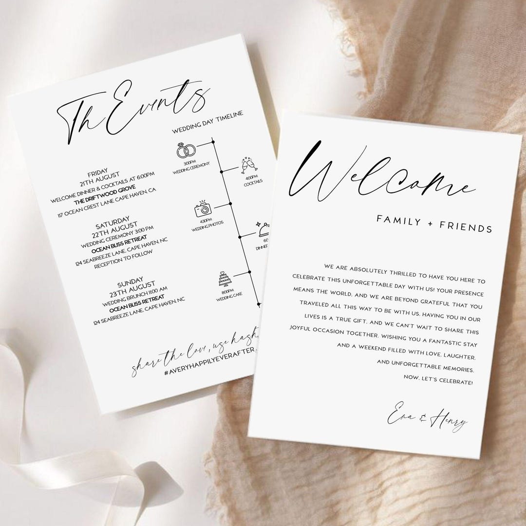 Minimalist Wedding Events Card Template, Wedding Welcome Bag Note ...