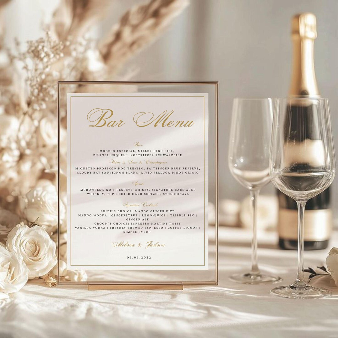 Gold Menu Template, Wedding Bar Menu Template, Elegant Menu Template ...
