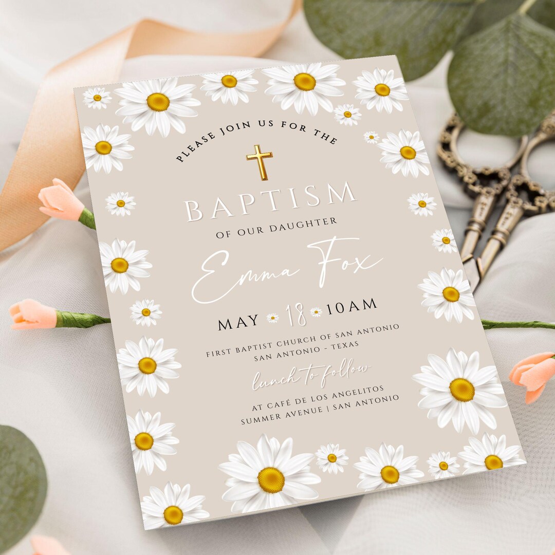 Daisy Baptism Invitation Template, Girls Christening Invitation ...