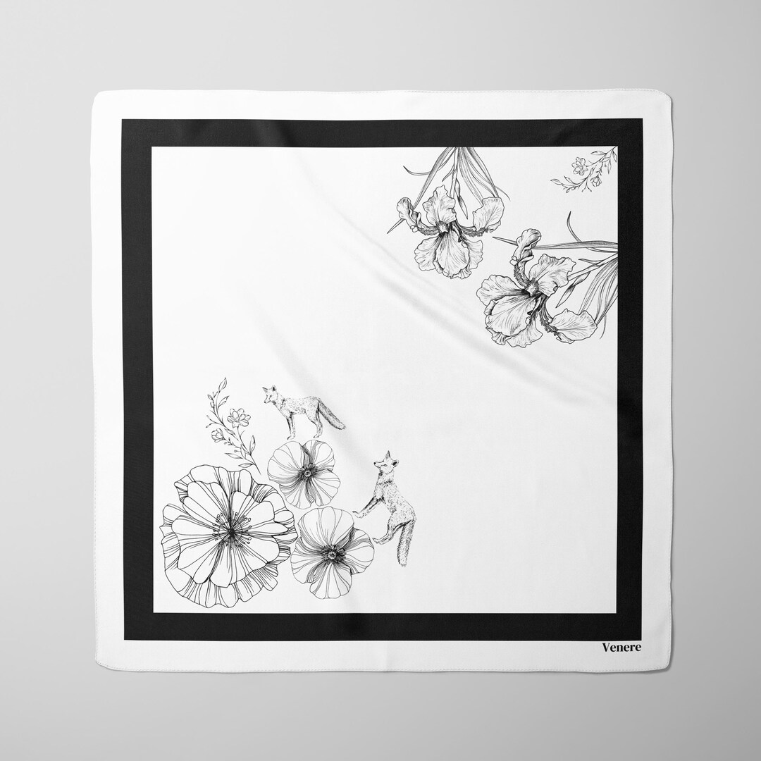 Floral Fox Silk Twill Scarf – Black and White, Made in Italy - Etsy