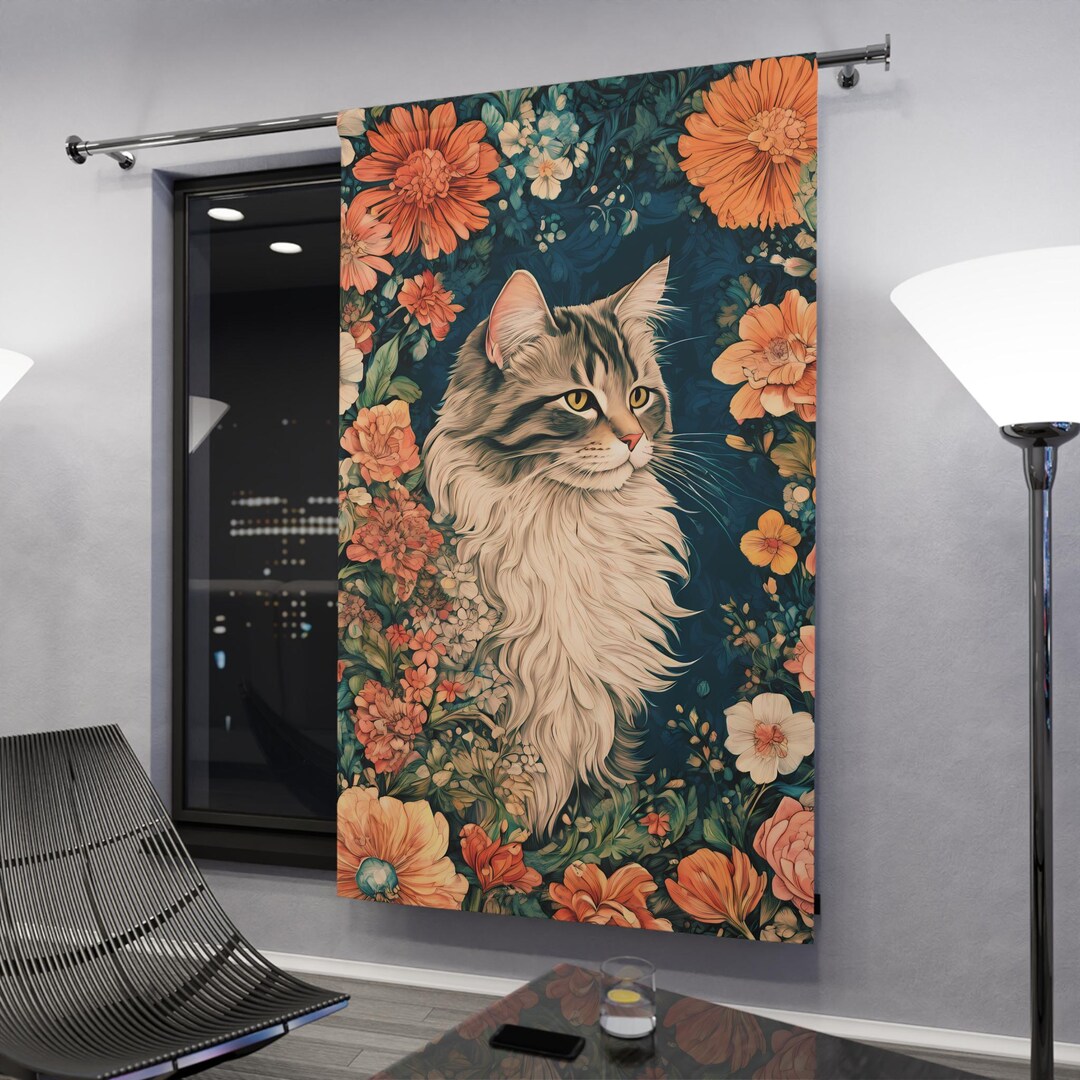 Norwegian Forest Cat Window Curtains, Cute Cat Decor, Floral Drapes ...