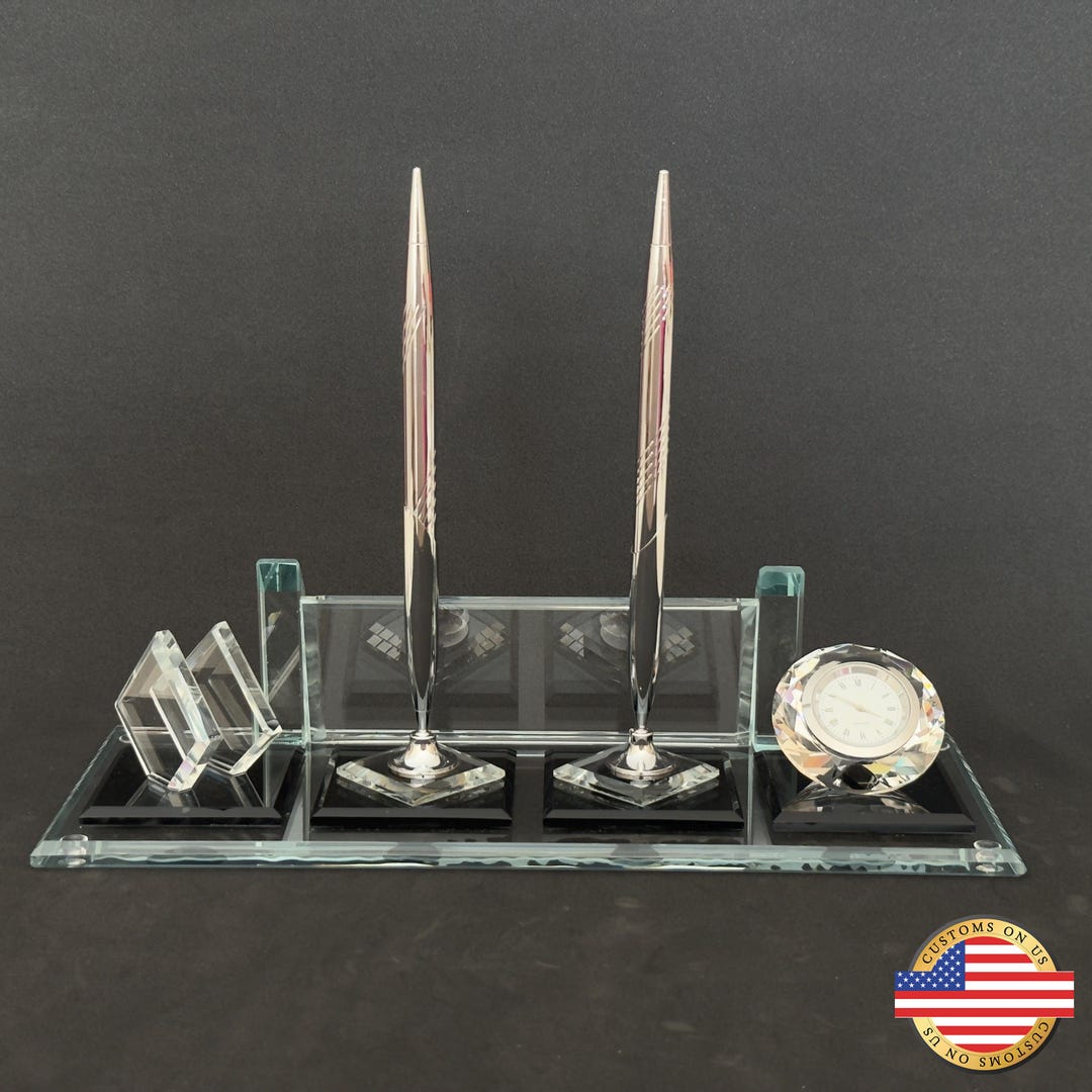 Silver Crystal Desk Set With Dual Pens, Clock & Card Holder - Etsy Canada