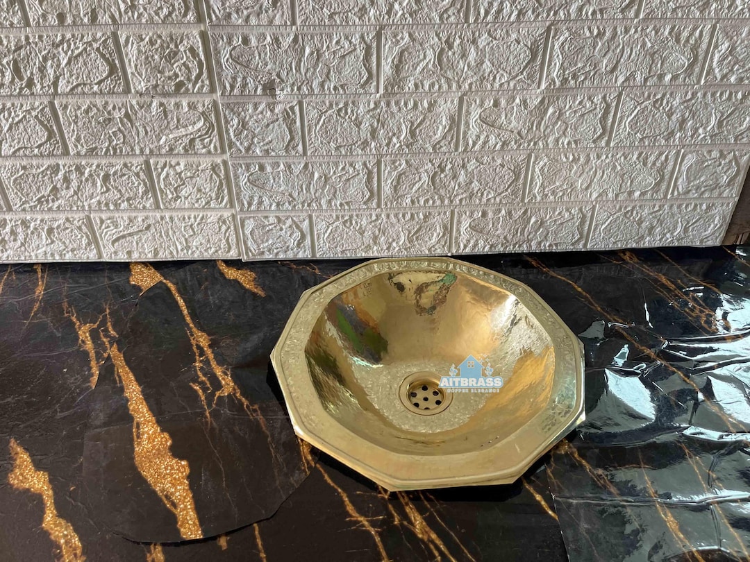 17.7" Brass Sink Drop in Bathroom Octagonal Vanity Basin Hammered ...