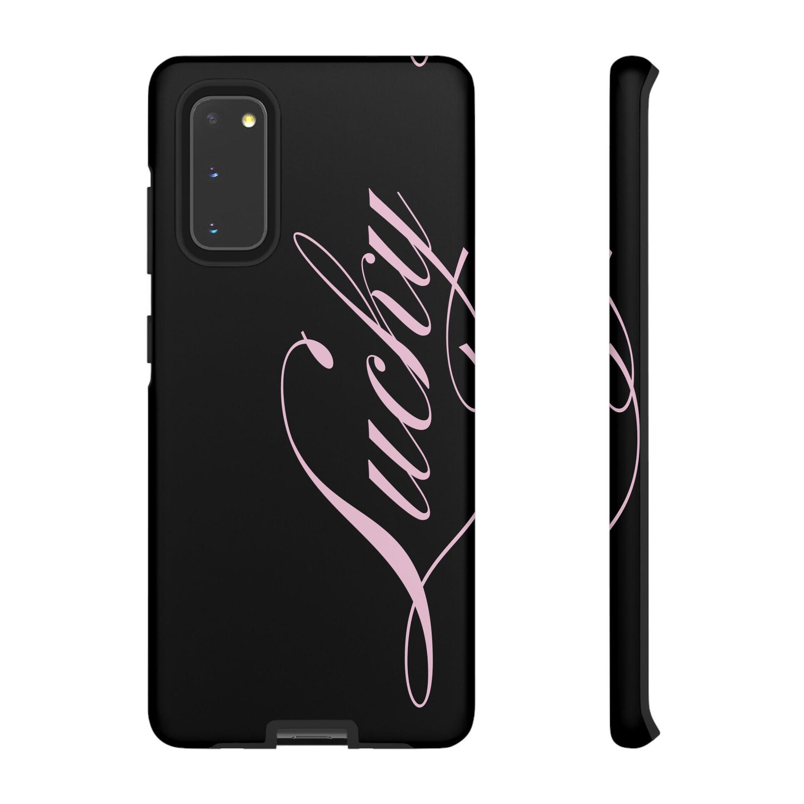 Lucky Phone Case: Pink Text on Black Tough Case, for iPhone Samsung ...