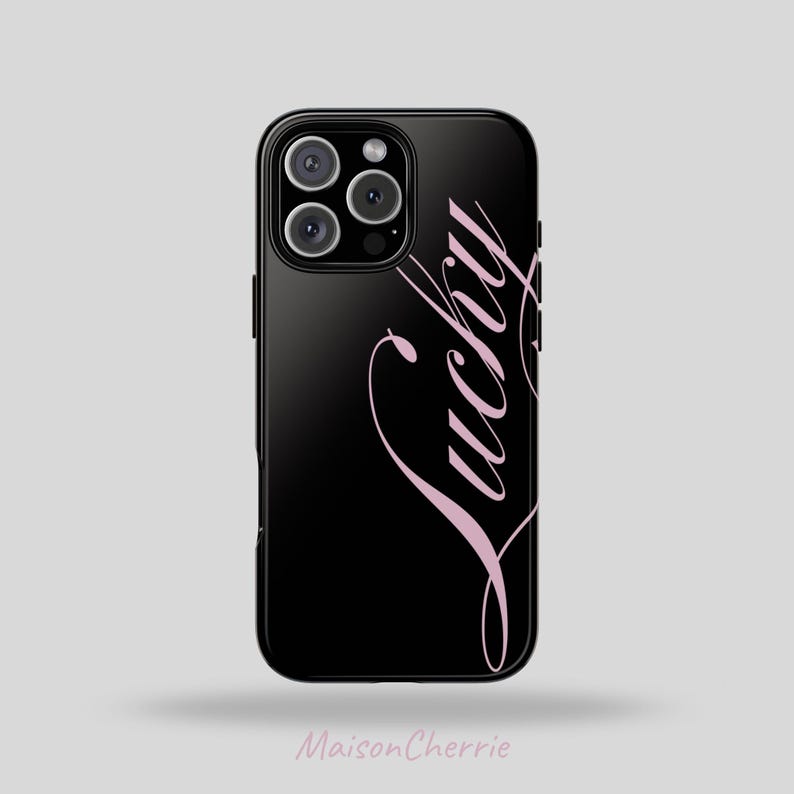 Lucky Phone Case: Pink Text on Black Tough Case, for iPhone Samsung ...