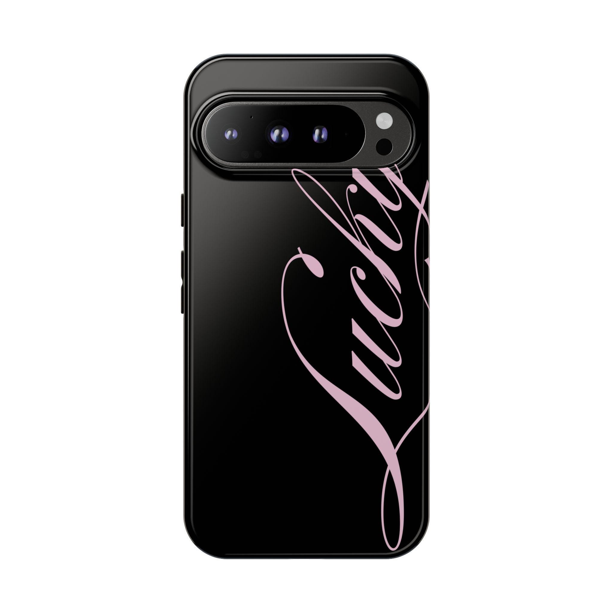 Lucky Phone Case: Pink Text on Black Tough Case, for iPhone Samsung ...
