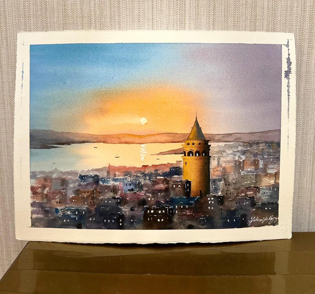 Hand-painted Galata Tower Sunset - Istanbul Skyline Art, Turkish Art ...