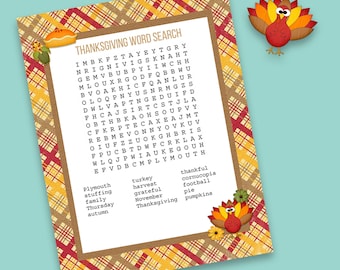 Thanksgiving Word Search, Printable Thanksgiving Word Search, Black and ...