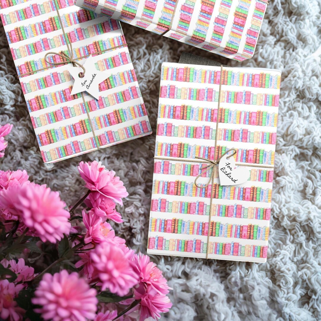Book Lover Wrapping Paper, Colourful Bookshelf Bookworm Wrap Paper ...