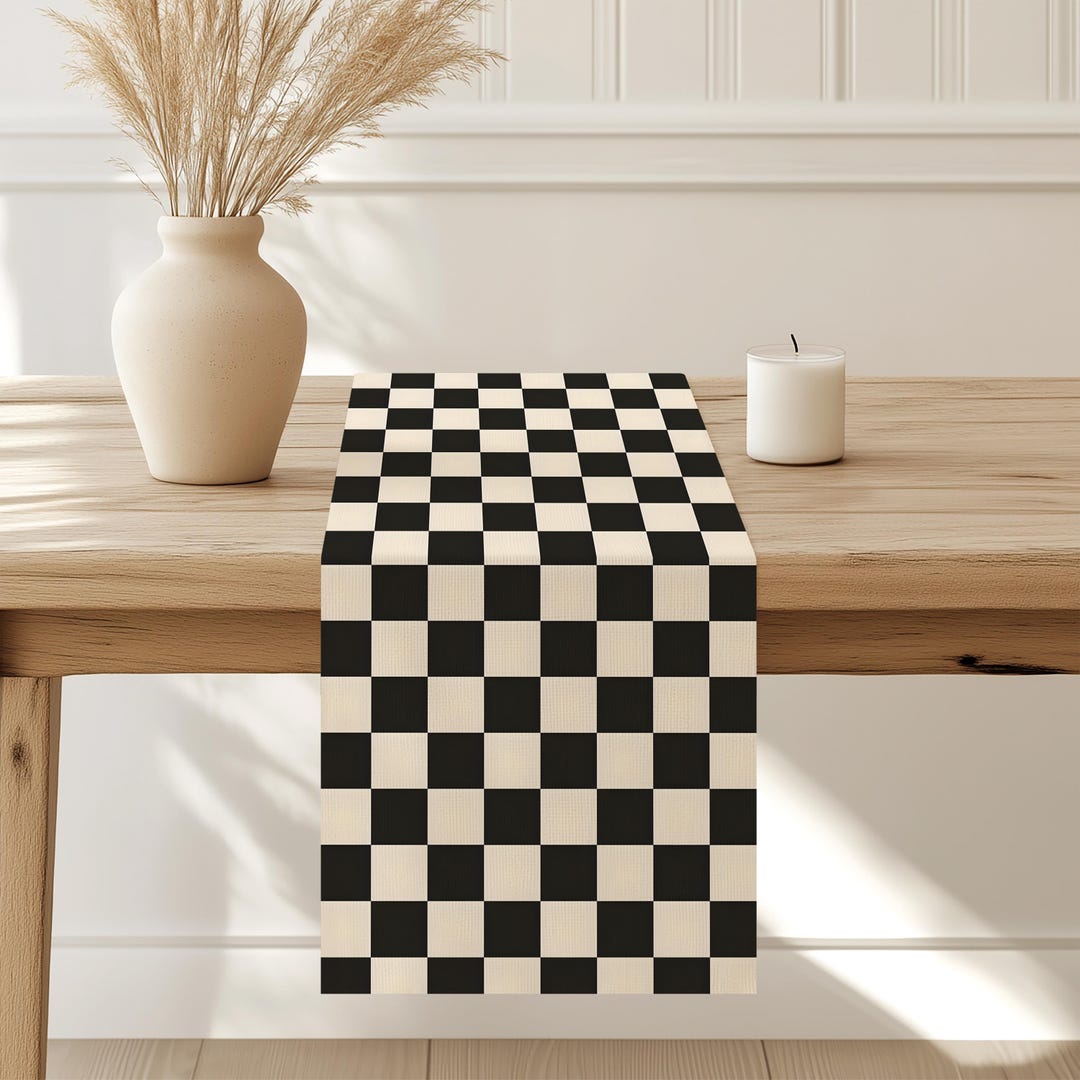 Black & Cream Checkered Table Runner | Modern Farmhouse Dining Decor ...