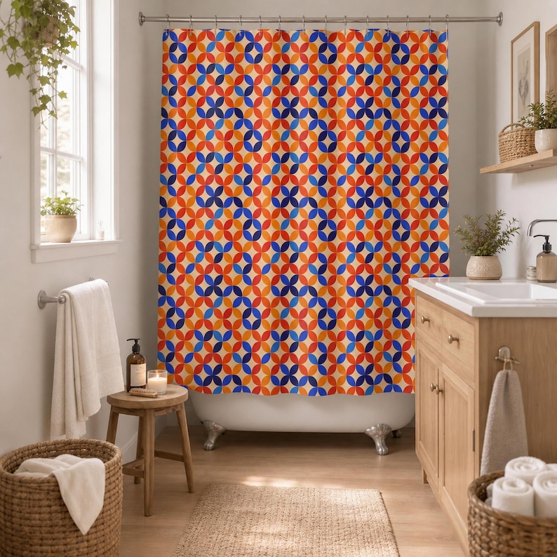 Retro Geometric Circle Pattern Shower Curtain Mid Century Modern ...